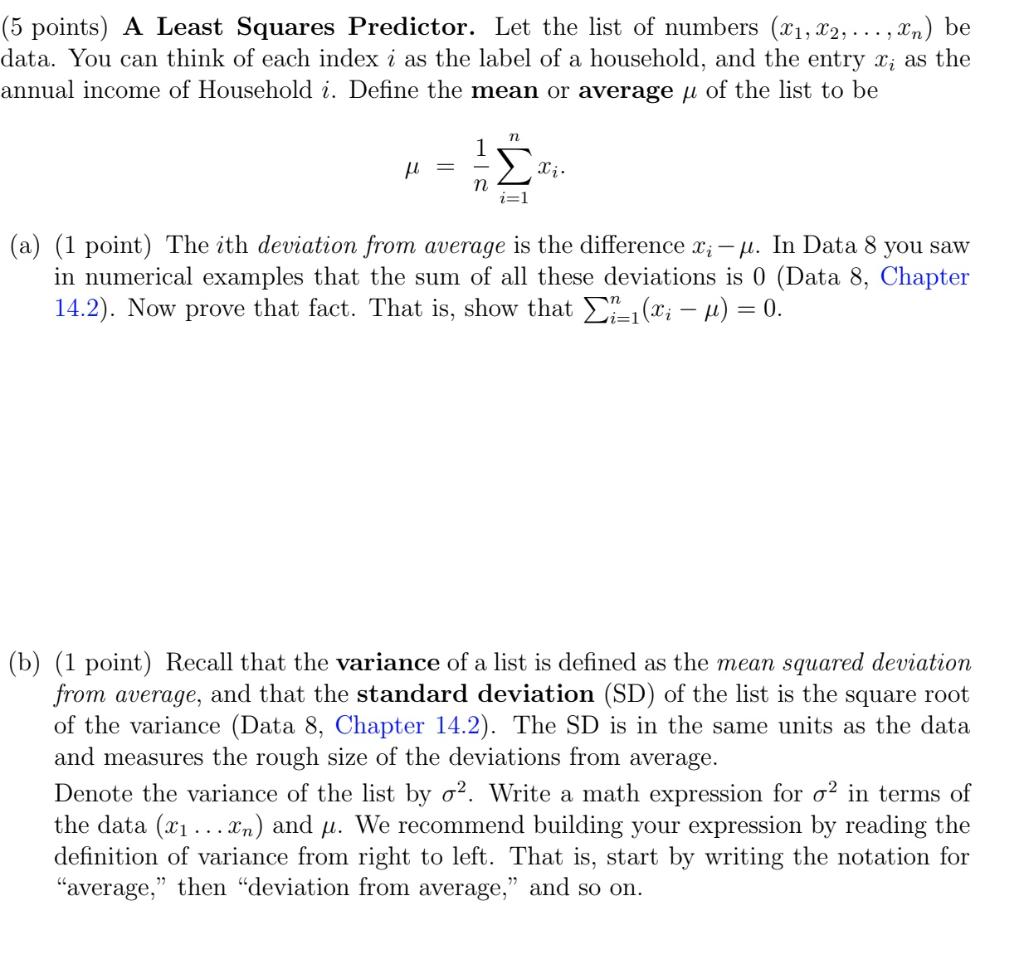 Solved (5 points) A Least Squares Predictor. Let the list of | Chegg.com
