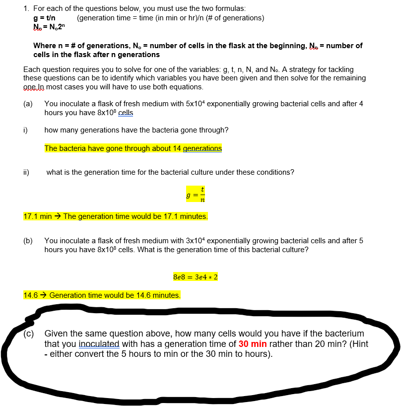Solved g=t/nN0=N02n (generation time = time (in min or hr)/n | Chegg.com