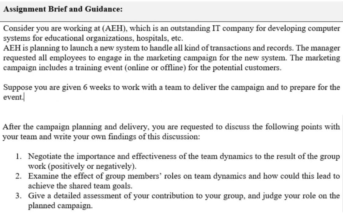 Solved Assignment Brief and Guidance: Consider you are | Chegg.com