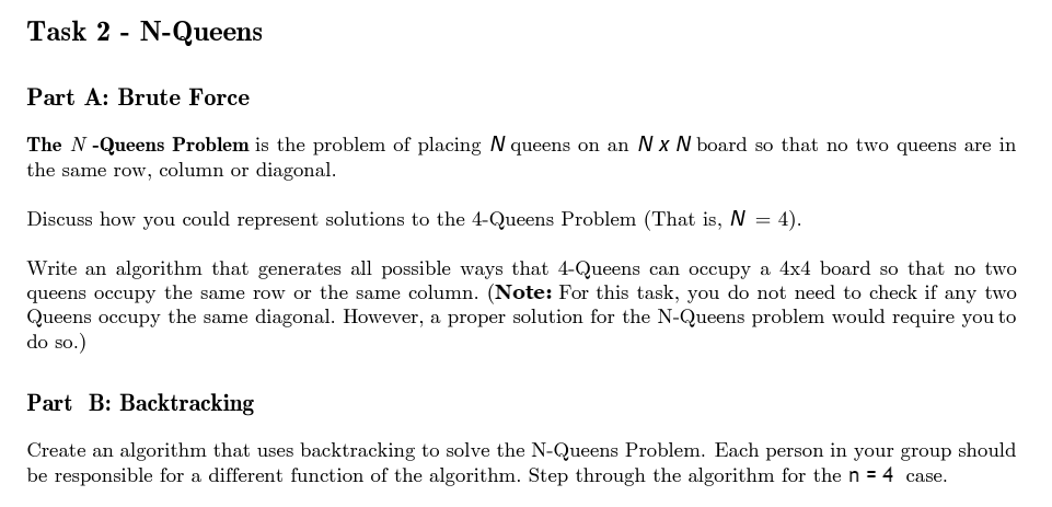 [Solved]: Part A: Brute Force The ( N )-Queens Problem i