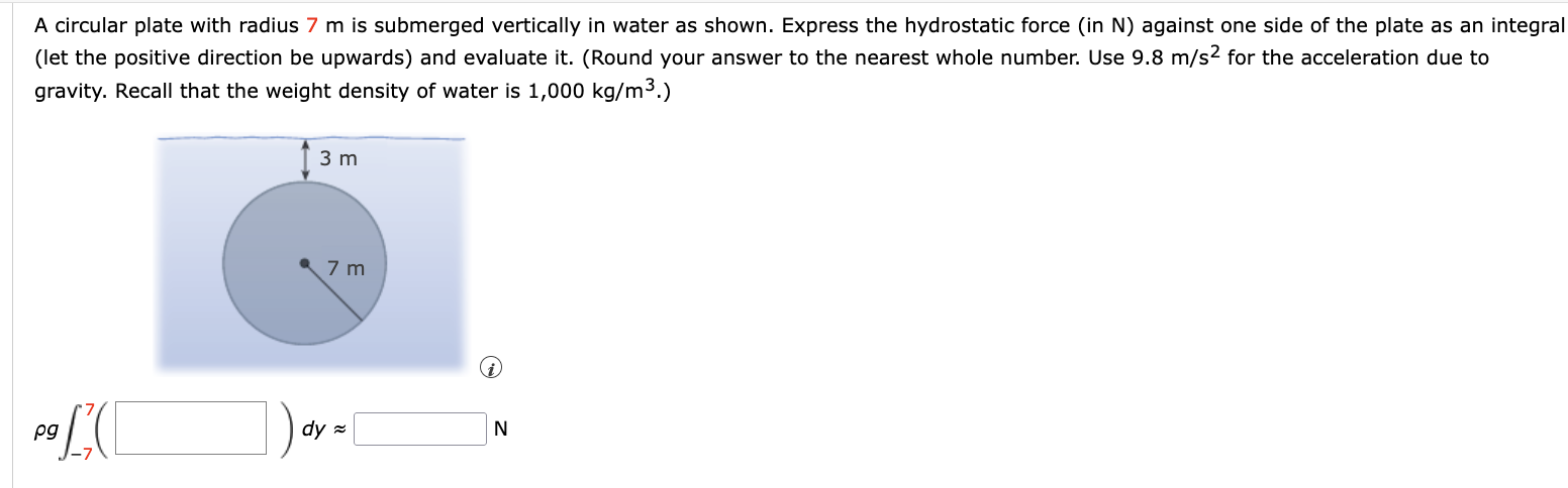 Solved A circular plate with radius 7 m is submerged | Chegg.com