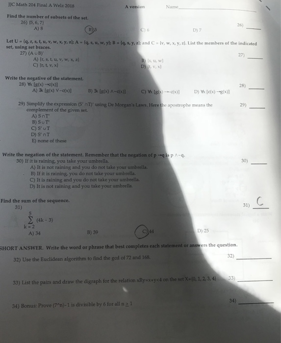 Solved JJC Math 204 Final A Welz 2018 A version Name Find | Chegg.com