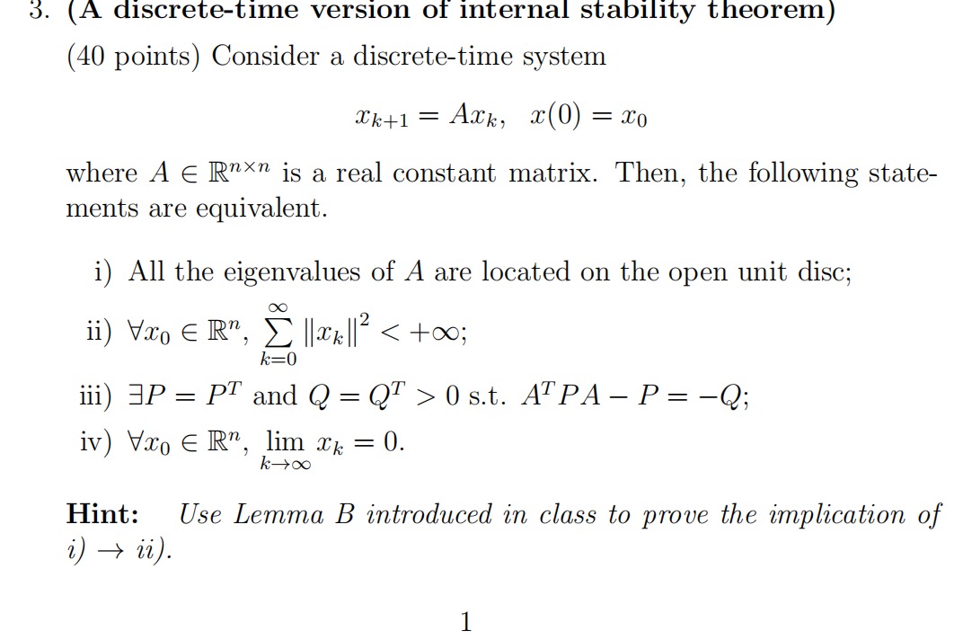 Solved (A discrete-time version of internal stability | Chegg.com