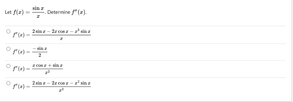 Solved Let f(x)=xsinx. Determine f′′(x). | Chegg.com