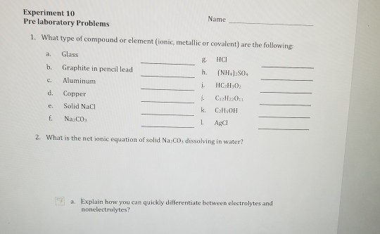 Solved Experiment 10 Pre Laboratory Problems Name 1 What