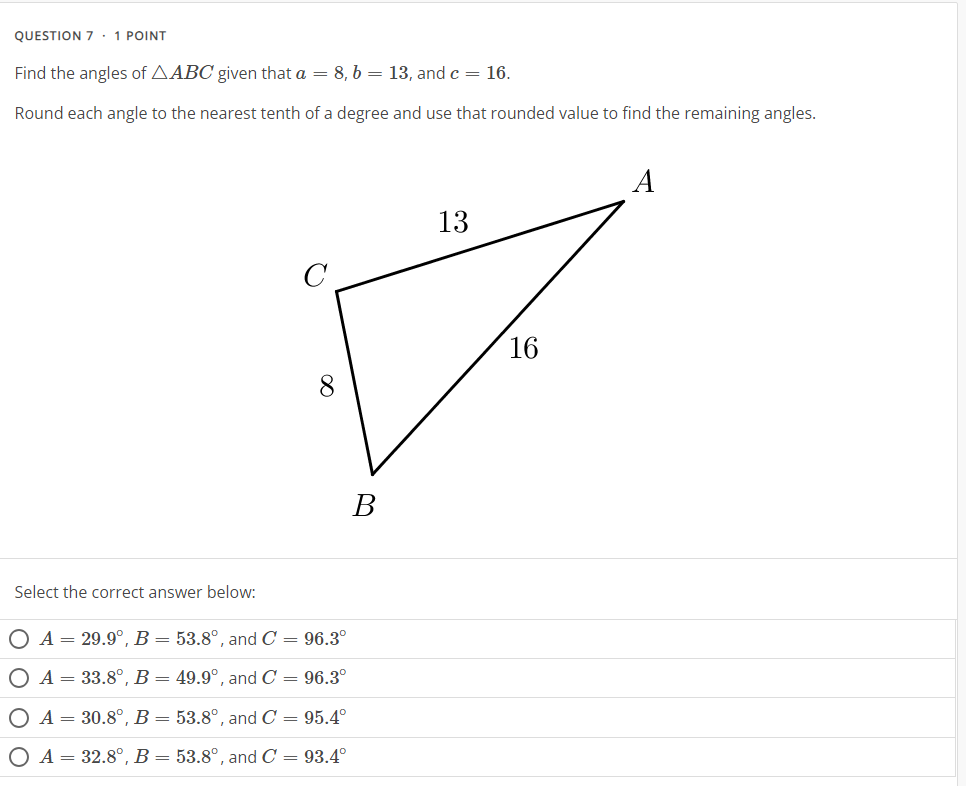 Solved Find the angles of ABC given that a=8, b=13, and | Chegg.com
