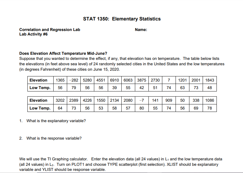 Solved STAT 1350: Elementary Statistics Correlation and | Chegg.com