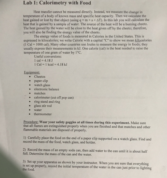 Solved Lab 1: Calorimetry with Food Heat transfer cannot be | Chegg.com