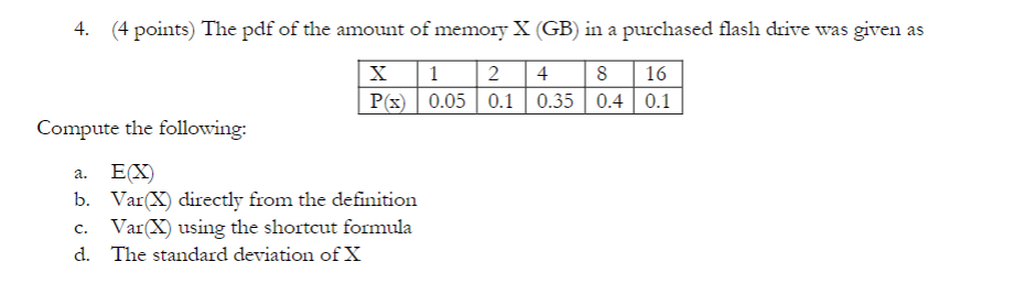 Solved 4. (4 points) The pdf of the amount of memory X(GB) | Chegg.com