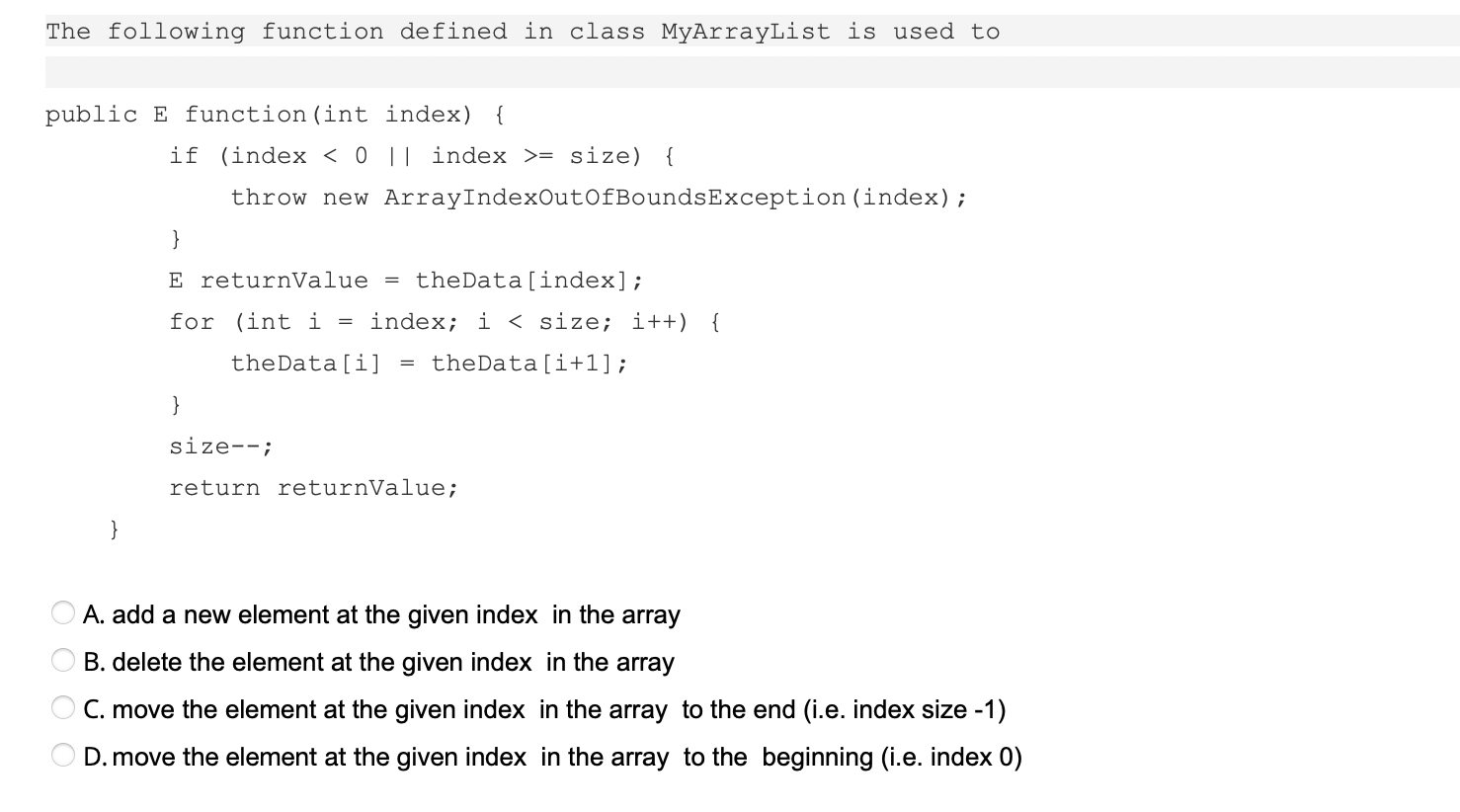 Solved The following function defined in class MyArraylist | Chegg.com