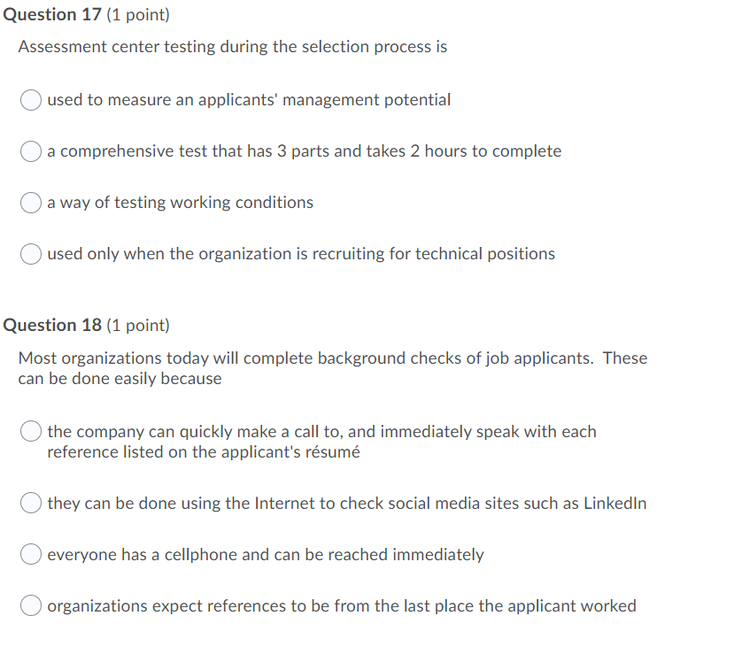 Solved Question 17 (1 point) Assessment center testing | Chegg.com