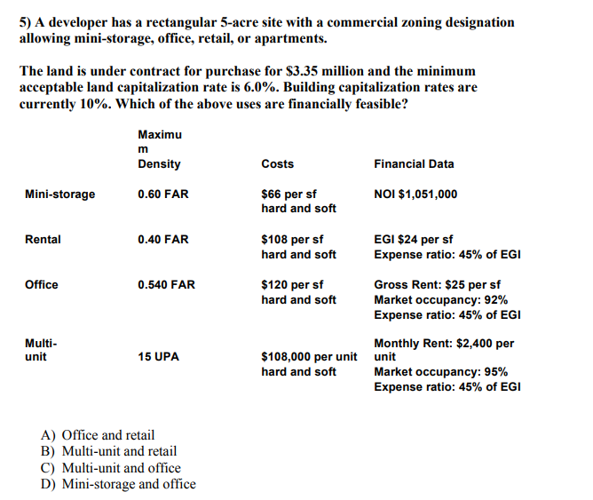 Solved A developer has a rectangular 5 -acre site with a | Chegg.com