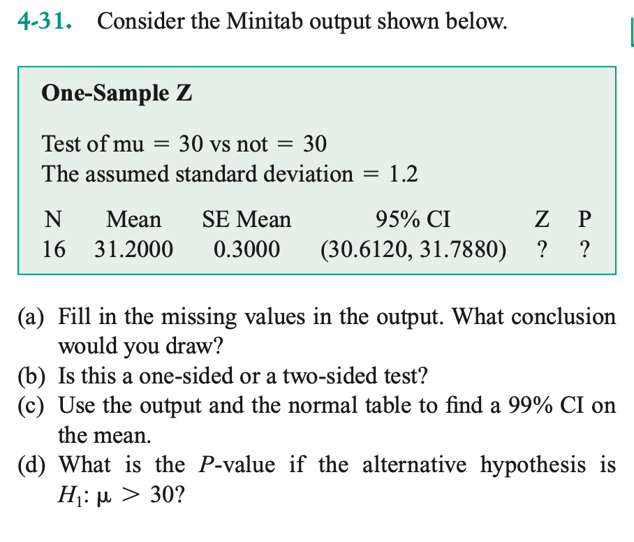 Solved 4-31. Consider the Minitab output shown below. | Chegg.com