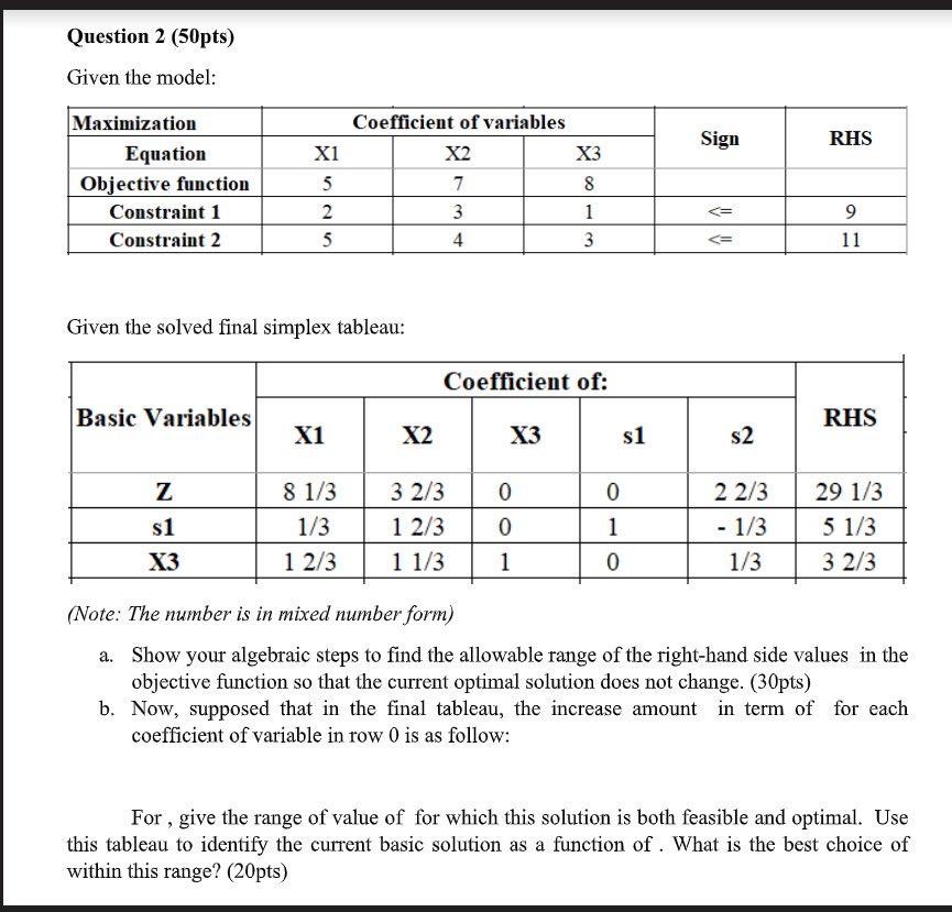 Solved Question 2 (50pts) Given the model: Maximization RHS | Chegg.com