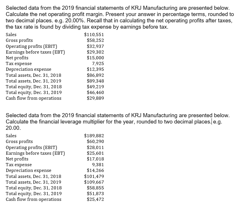 Solved Selected data from the 2019 financial statements of | Chegg.com