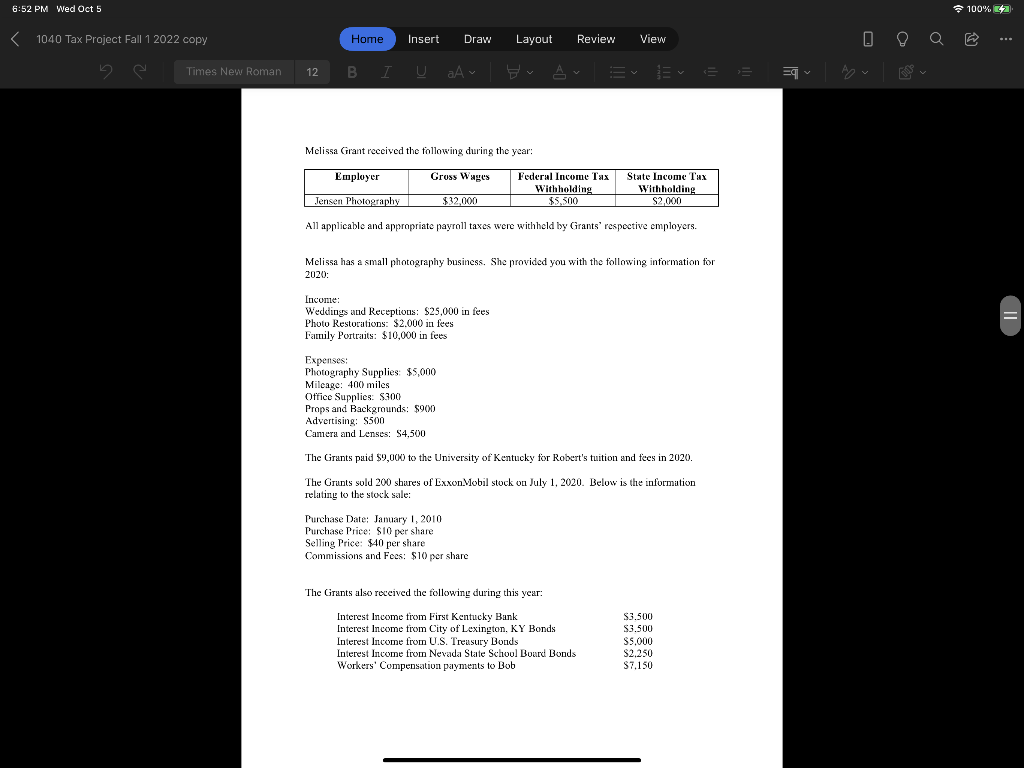 ACCT 3221 Income Tax Project Fall 1, 2022 Tax | Chegg.com