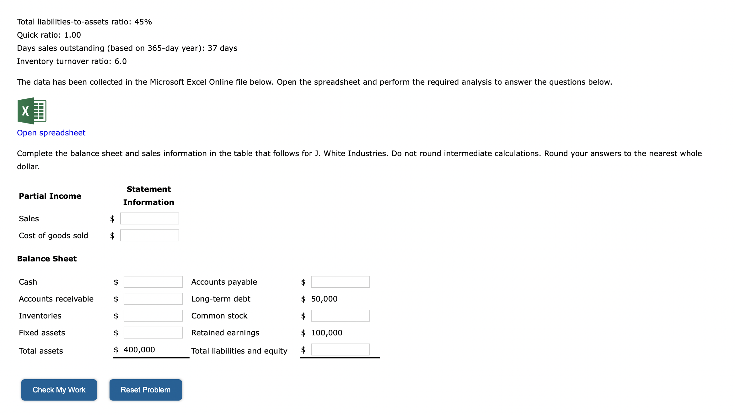 Excel Online Activity: Balance Sheet Analysis | Chegg.com