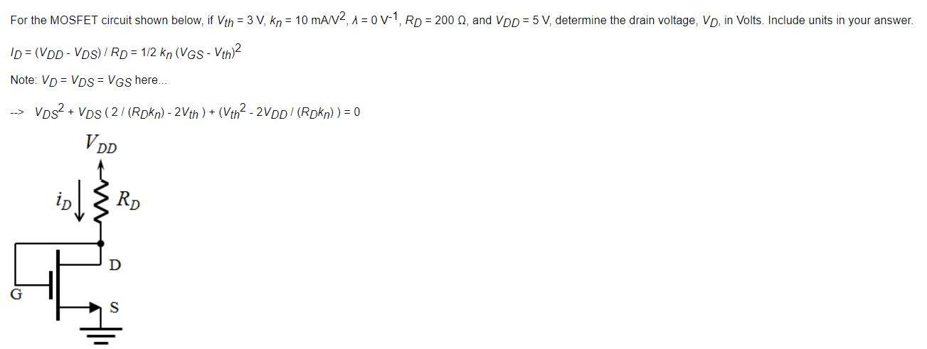 Solved For the MOSFET circuit shown below, if Vth = 3 V, kn | Chegg.com