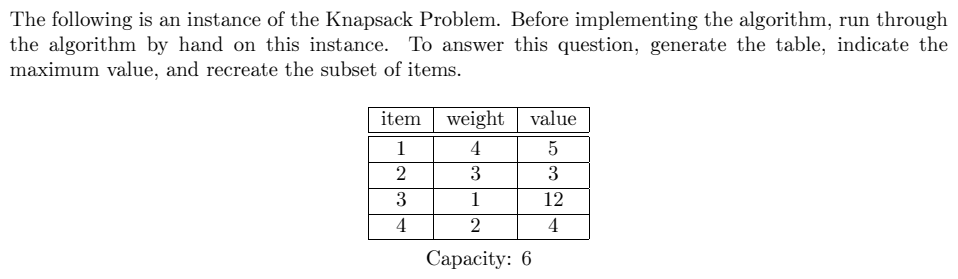 Solved The following is an instance of the Knapsack Problem. | Chegg.com