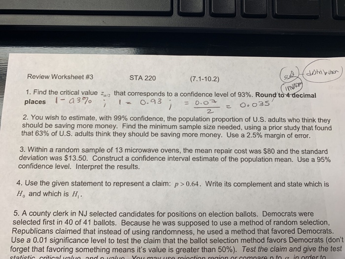 Solved Review Worksheet #3 STA 220 (7.1-10.2) 1. Find the | Chegg.com