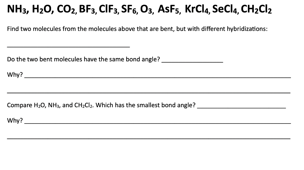 Solved NH3, H2O, CO2, BF3, CIF3, SF6, O3, AsF5, KrCl4, | Chegg.com