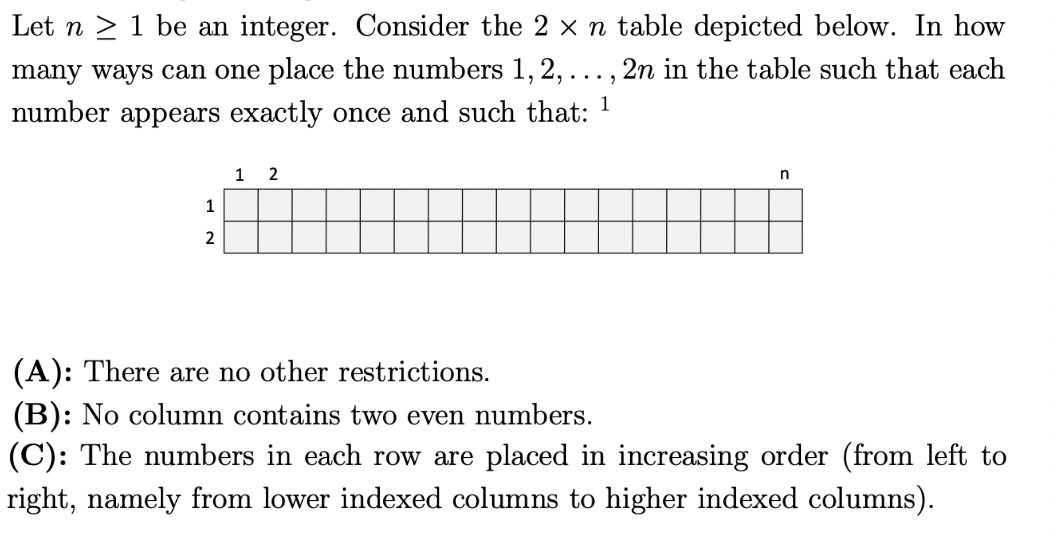 Solved Let n > 1 be an integer. Consider the 2 x n table | Chegg.com
