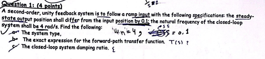 Question 1: (4 points) A second-order, unity feedback | Chegg.com