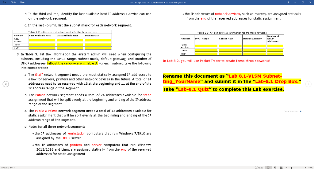 Solved Lab 8−1 Design Three Ipv4 Subnets Using The Materlal 