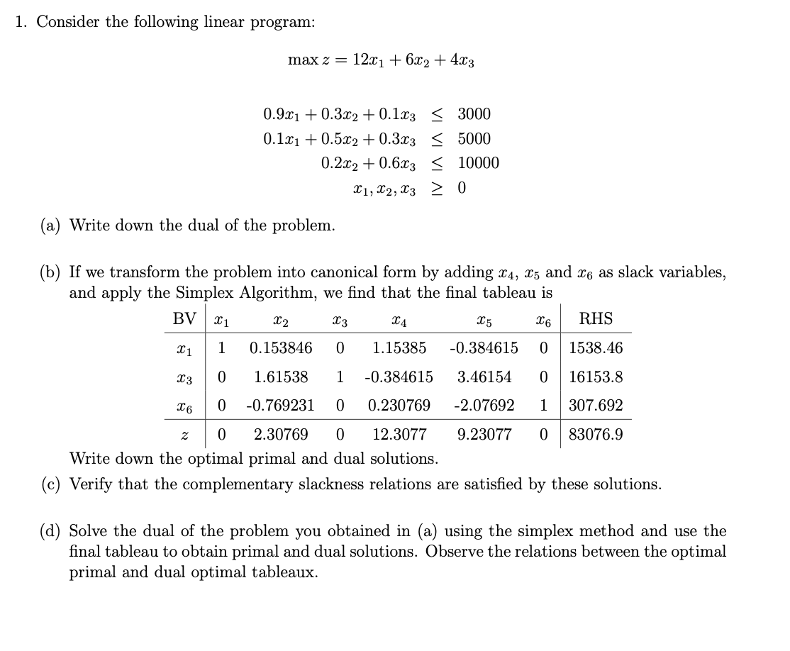 Solved 1. Consider the following linear program: max z = | Chegg.com