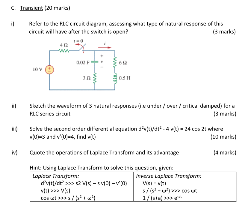 Solved C. Transient (20 marks) i) Refer to the RLC circuit | Chegg.com