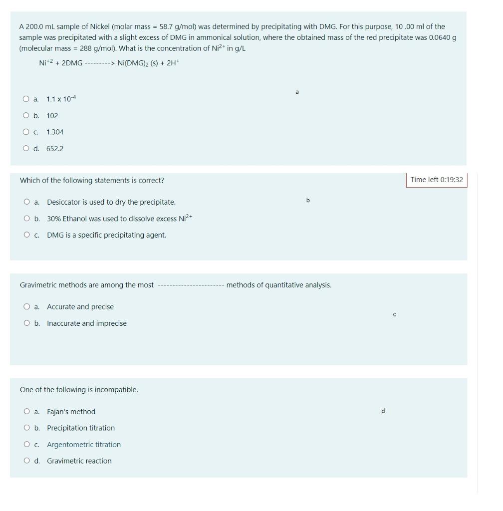 Solved A 200.0 mL sample of Nickel (molar mass =58.7 g/mol ) | Chegg.com
