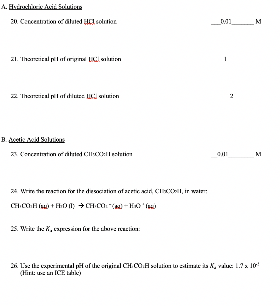 Solved Experimental Data A. Hydrochloric Acid Solutions 1. | Chegg.com