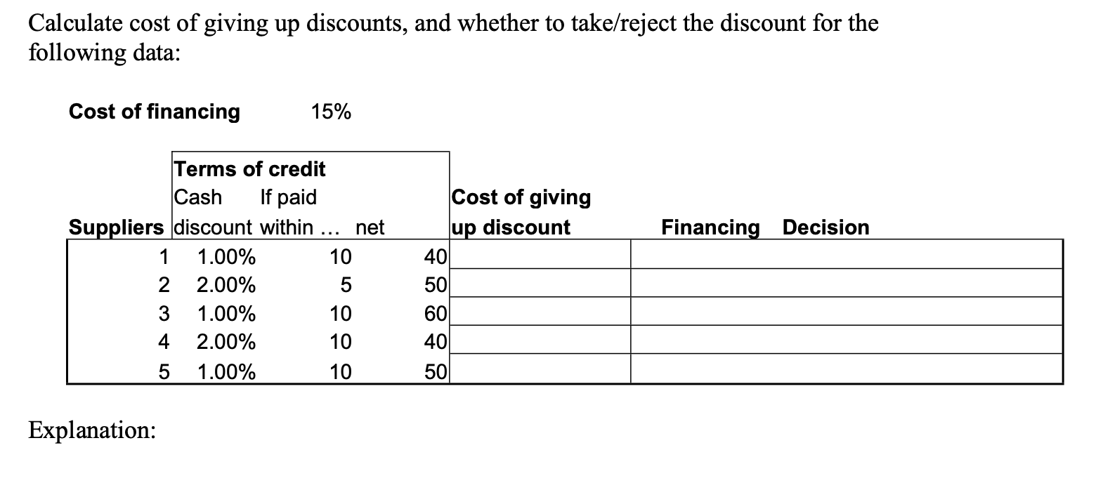 Solved Calculate cost of giving up discounts, and whether to | Chegg.com