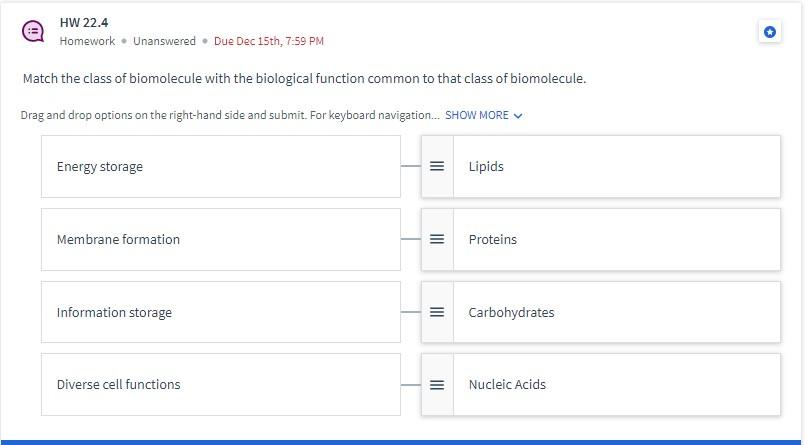 Solved Match the class of biomolecule with the biological | Chegg.com