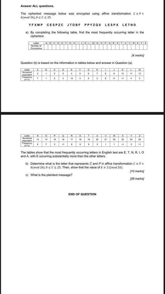 Solved Answer ALL questions. The ciphertext message below | Chegg.com