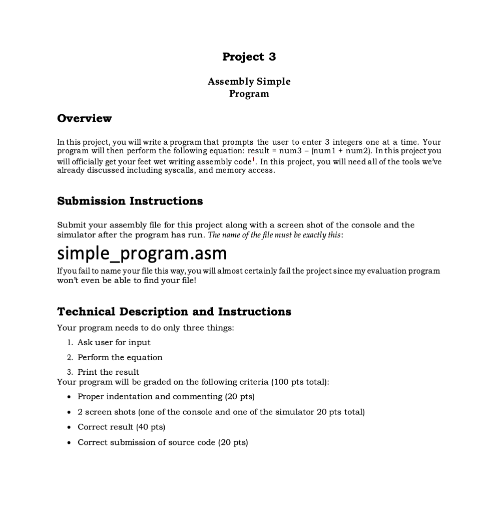 Project 3 Assembly Simple Program Overview In this | Chegg.com