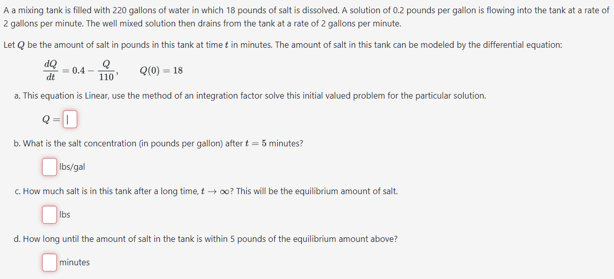 Solved A a mixing tank is filled with 220 gallons of water | Chegg.com