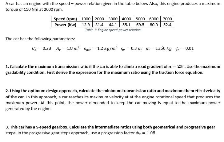A car has an engine with the speed - power relation | Chegg.com