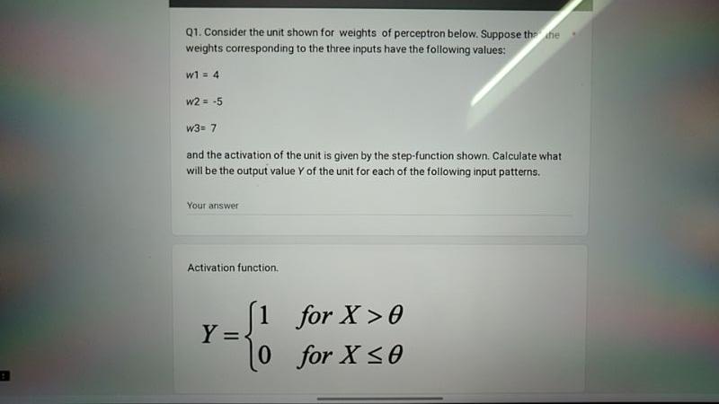 Solved Q1. Consider the unit shown for weights of perceptron | Chegg.com