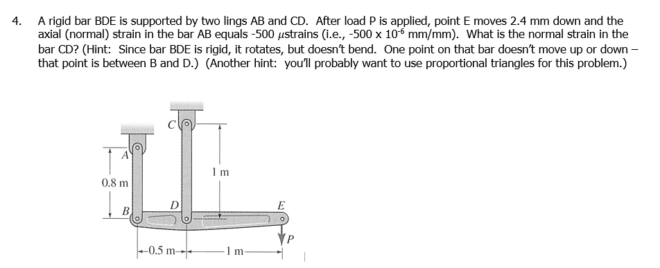 Solved 4. A rigid bar BDE is supported by two lings AB and | Chegg.com