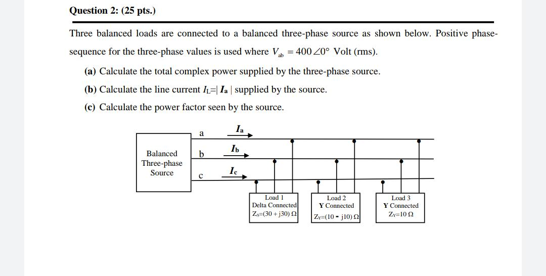 Solved Question 2: (25 pts.) Three balanced loads are | Chegg.com