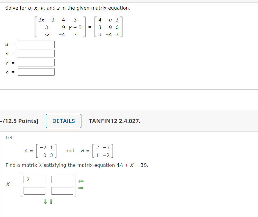 Solved Solve for u,x,y, and z in the given matrix equation. | Chegg.com