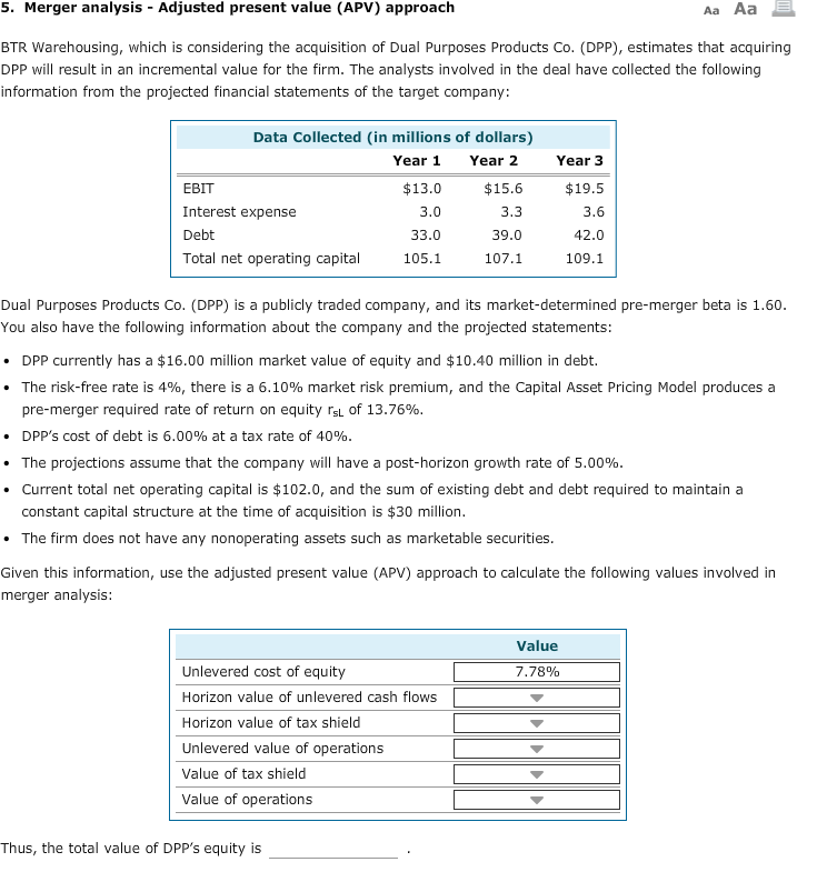 Solved 5. Merger analys is Adjusted present value (APV) | Chegg.com