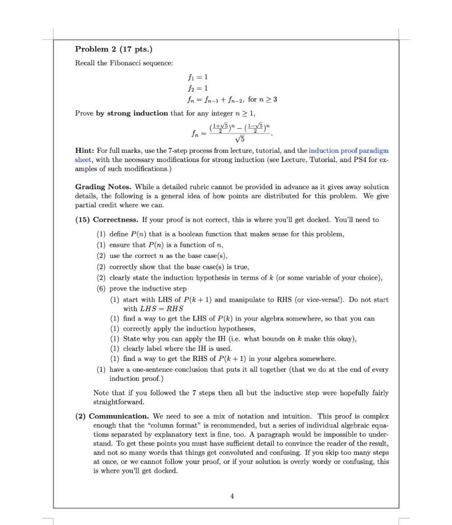 Solved Problem 2 (17 pts.) Recall the Fibonacci sequence: | Chegg.com