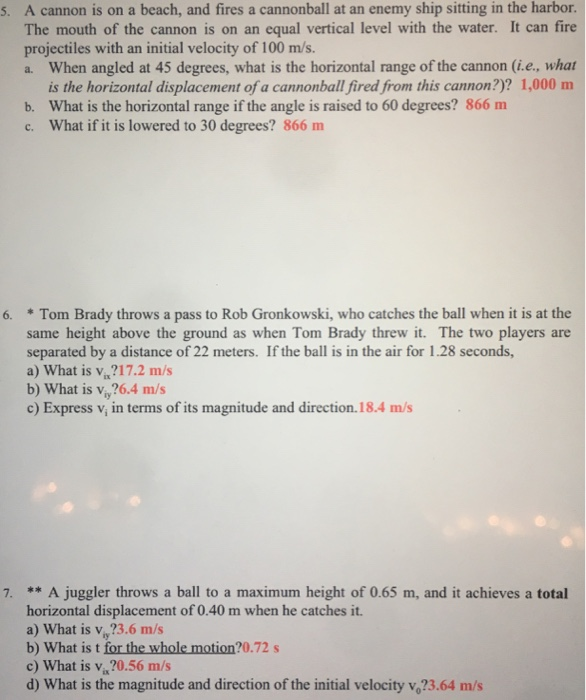 Solved Projectile Motion Problems-Type 2 Red numbers Answers | Chegg.com