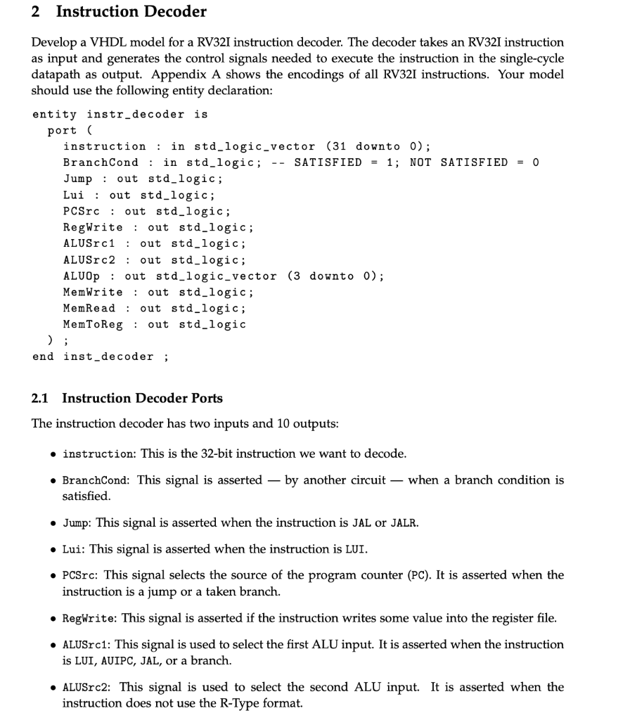 Solved 2 Instruction Decoder Develop a VHDL model for a | Chegg.com