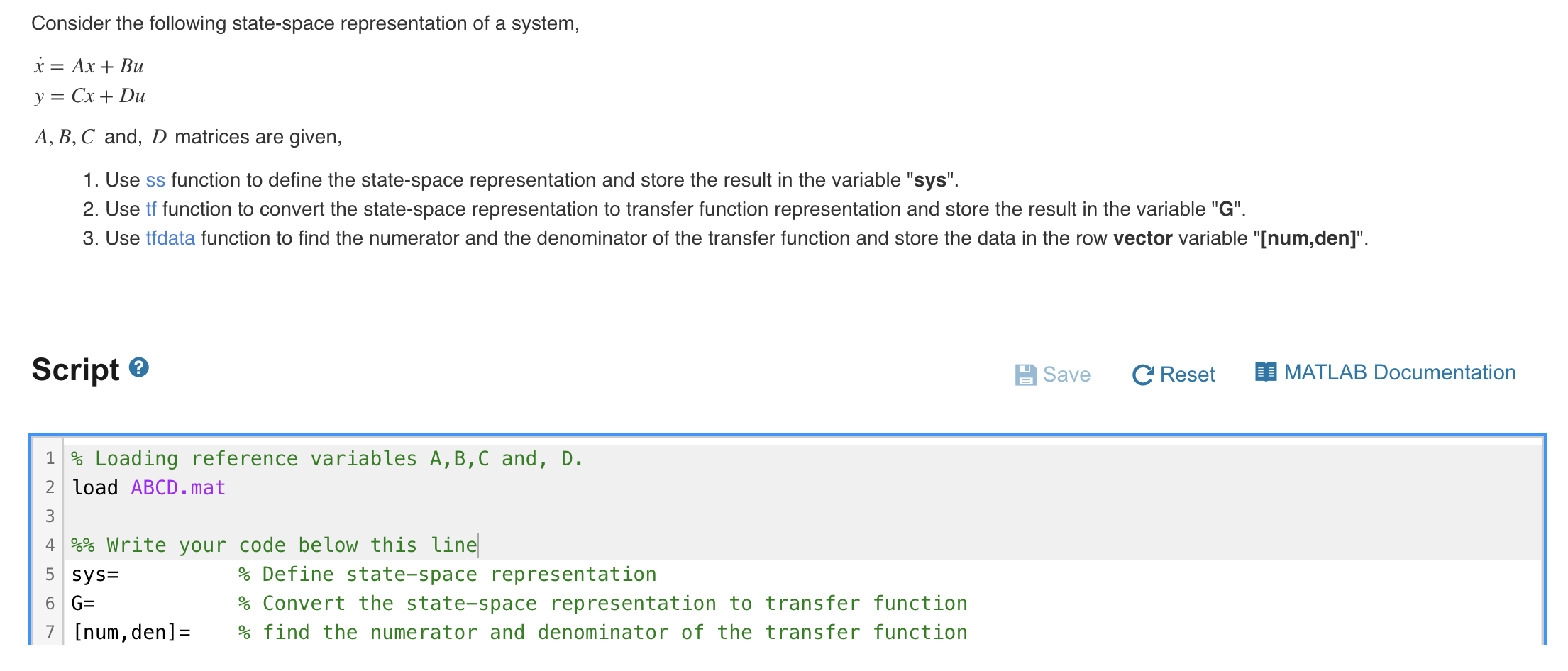 Solved Consider The Following State Space Representation Of