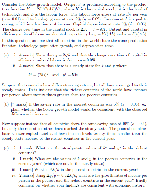 Consider the Solow growth model. Output Y is produced | Chegg.com