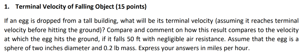 Terminal Velocity of Falling Object (15 points) 1. If | Chegg.com