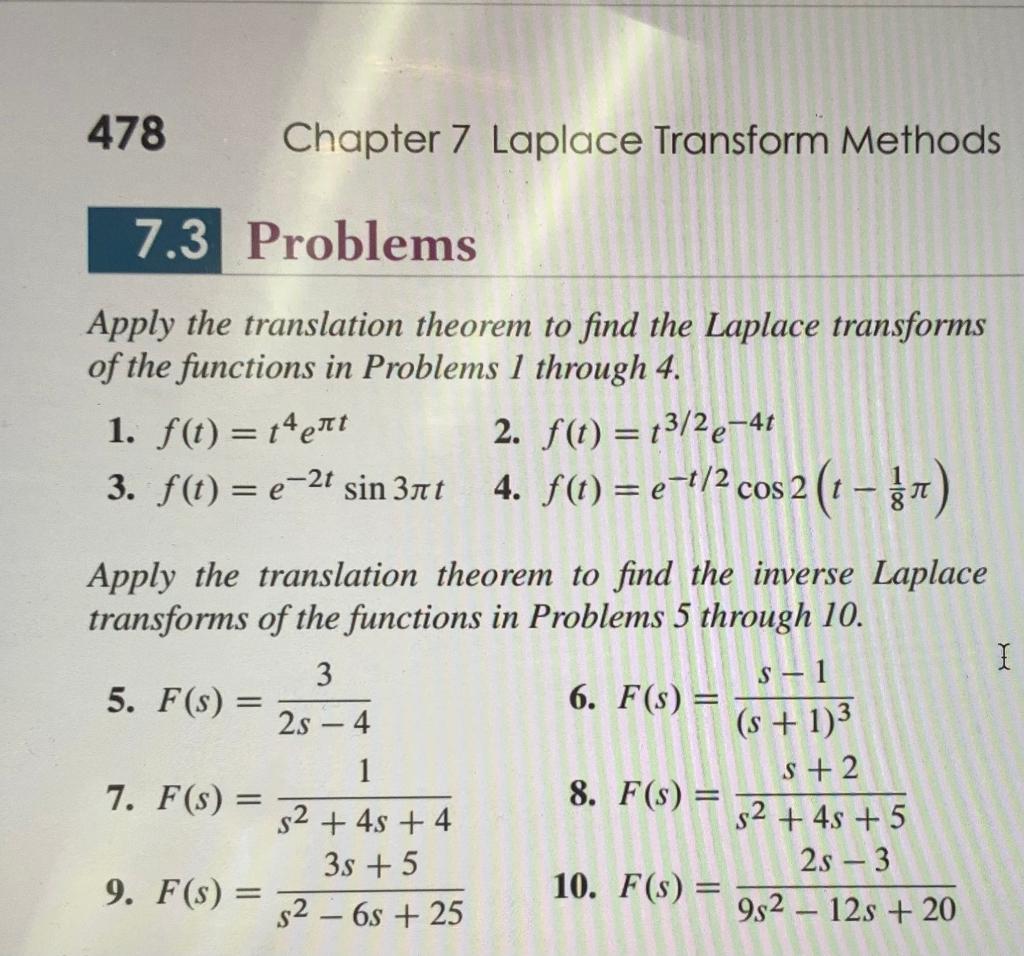 Solved 478 Chapter 7 Laplace Transform Methods 7.3 Problems | Chegg.com